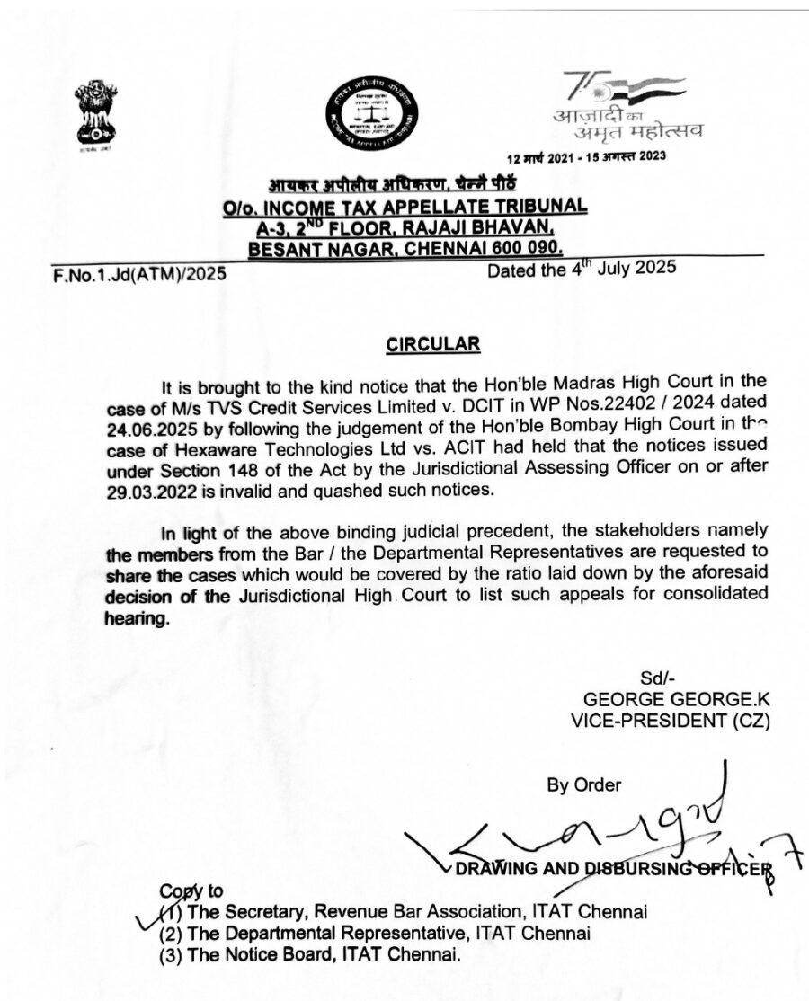 Chennai ITAT Issues Circular Requesting Bar and Departmental Representatives to Identify Appeals ...